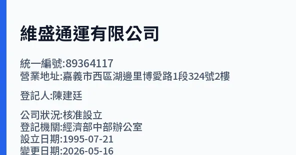 維盛通運有限公司的照片-統編 89364117(嘉義市) 公司登記資料與營業項目詳細圖表