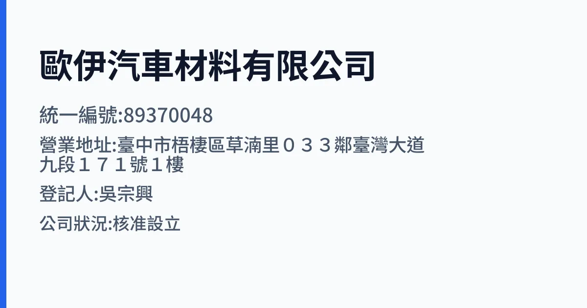 歐伊汽車材料有限公司 - 統編 89370048(臺中市) 公司登記資料與營業項目詳細圖表