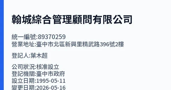 翰城綜合管理顧問有限公司的照片-統編 89370259(臺中市) 公司登記資料與營業項目詳細圖表