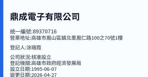 鼎成電子有限公司的照片-統編 89370716(高雄市) 公司登記資料與營業項目詳細圖表