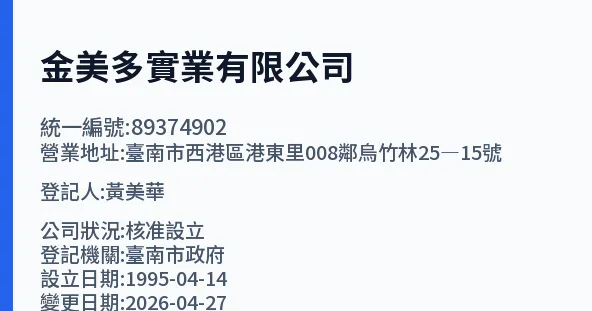 金美多實業有限公司的照片-統編 89374902(臺南市) 公司登記資料與營業項目詳細圖表
