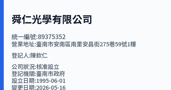 舜仁光學有限公司的照片-統編 89375352(臺南市) 公司登記資料與營業項目詳細圖表