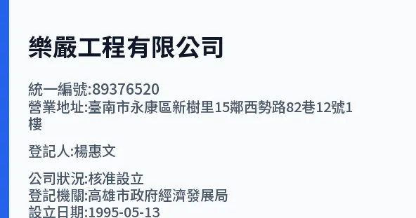 樂嚴工程有限公司的照片-統編 89376520(臺南市) 公司登記資料與營業項目詳細圖表