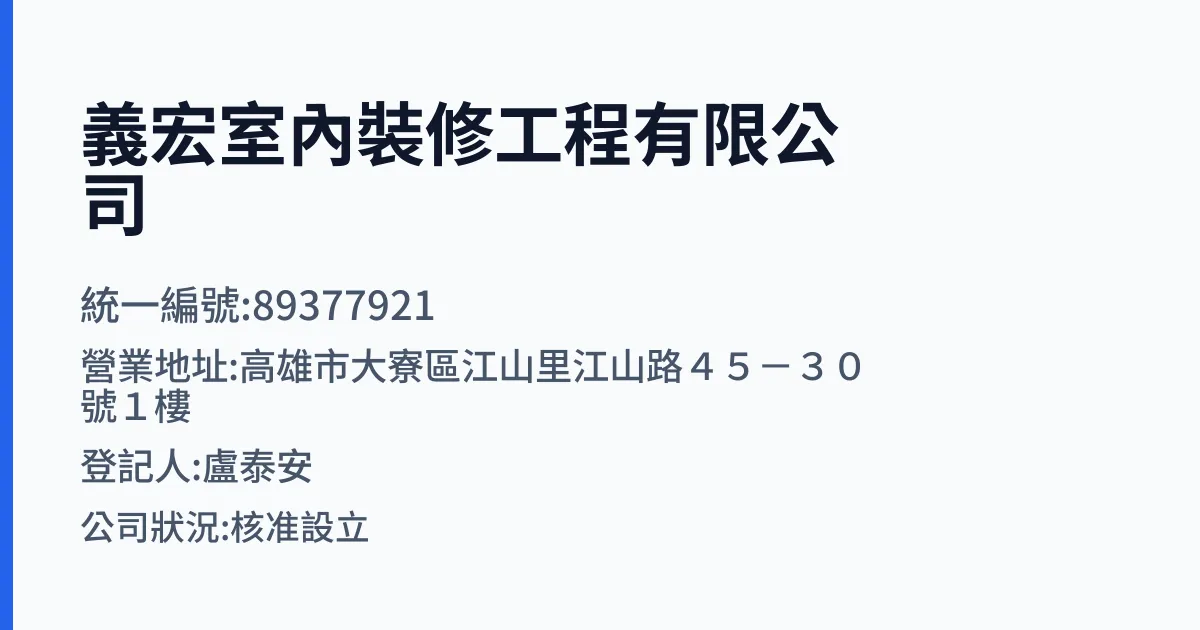 義宏室內裝修工程有限公司 - 統編 89377921(高雄市) 公司登記資料與營業項目詳細圖表
