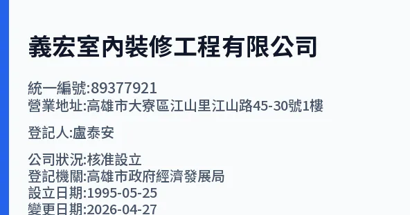 義宏室內裝修工程有限公司的照片-統編 89377921(高雄市) 公司登記資料與營業項目詳細圖表