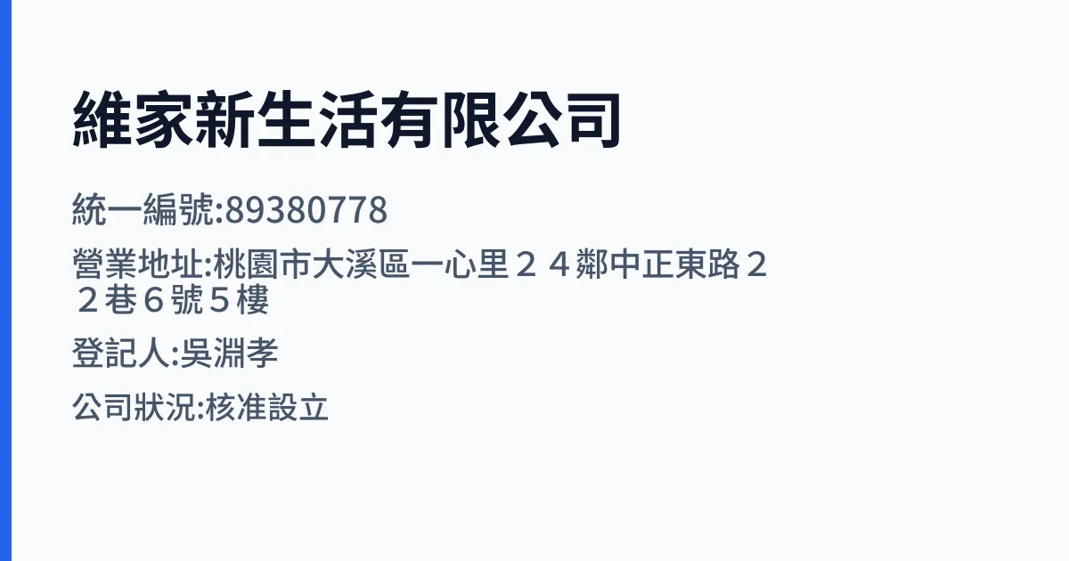 維家新生活有限公司 - 統編 89380778(桃園市) 公司登記資料與營業項目詳細圖表