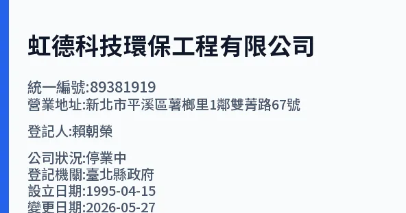 虹德科技環保工程有限公司的照片-統編 89381919(新北市) 公司登記資料與營業項目詳細圖表