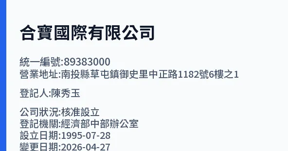 合寶國際有限公司的照片-統編 89383000(南投縣) 公司登記資料與營業項目詳細圖表