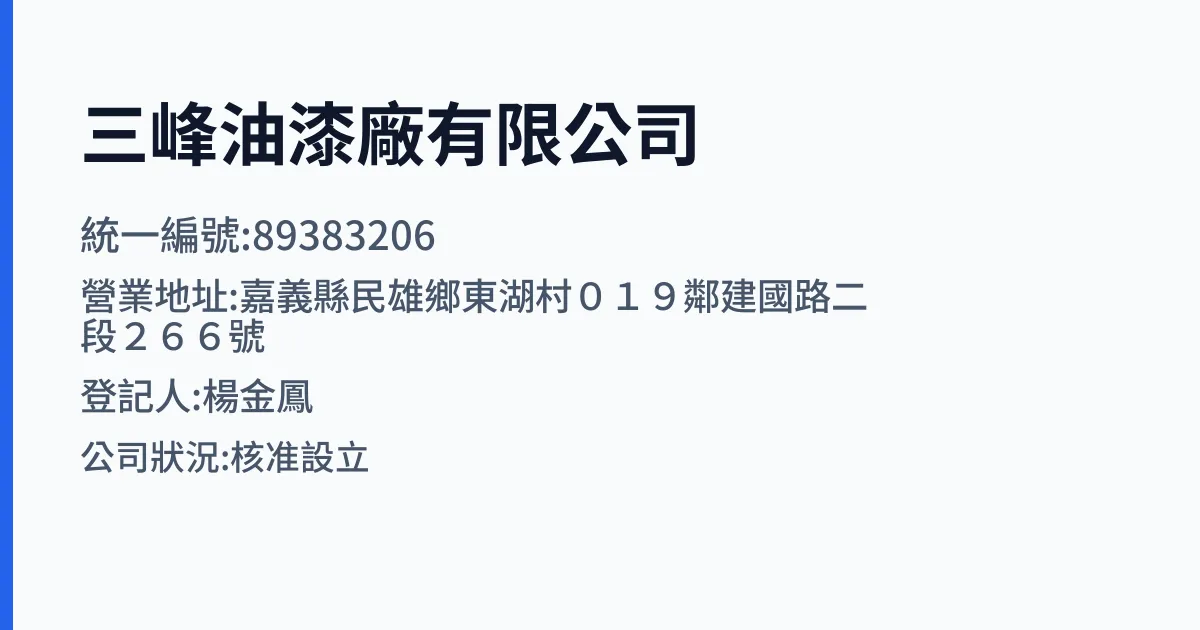 三峰油漆廠有限公司 - 統編 89383206(嘉義縣) 公司登記資料與營業項目詳細圖表