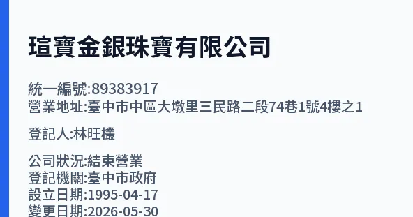 瑄寶金銀珠寶有限公司的照片-統編 89383917(臺中市) 公司登記資料與營業項目詳細圖表
