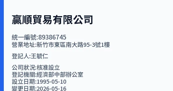 贏順貿易有限公司的照片-統編 89386745(新竹市) 公司登記資料與營業項目詳細圖表