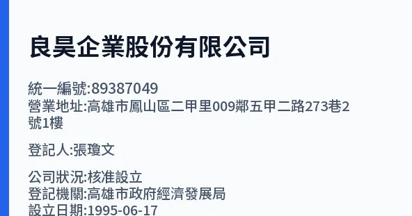 良昊企業股份有限公司的照片-統編 89387049(高雄市) 公司登記資料與營業項目詳細圖表