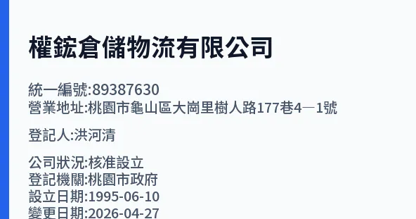 權鋐倉儲物流有限公司的照片-統編 89387630(桃園市) 公司登記資料與營業項目詳細圖表