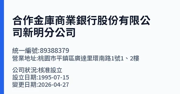 合作金庫商業銀行股份有限公司新明分公司的照片-統編 89388379(桃園市) 公司登記資料與營業項目詳細圖表