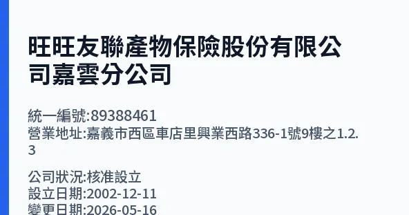 旺旺友聯產物保險股份有限公司嘉雲分公司的照片-統編 89388461(嘉義市) 公司登記資料與營業項目詳細圖表
