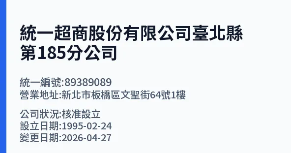 統一超商股份有限公司臺北縣第185分公司的照片-統編 89389089(新北市) 公司登記資料與營業項目詳細圖表