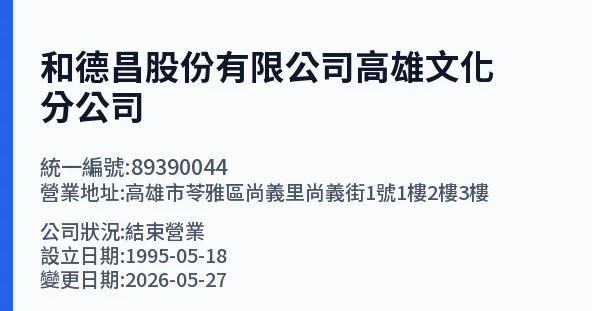 和德昌股份有限公司高雄文化分公司的照片-統編 89390044(高雄市) 公司登記資料與營業項目詳細圖表