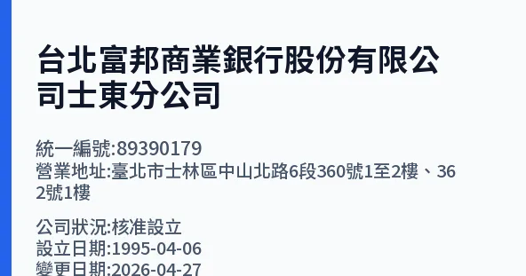 台北富邦商業銀行股份有限公司士東分公司的照片-統編 89390179(臺北市) 公司登記資料與營業項目詳細圖表