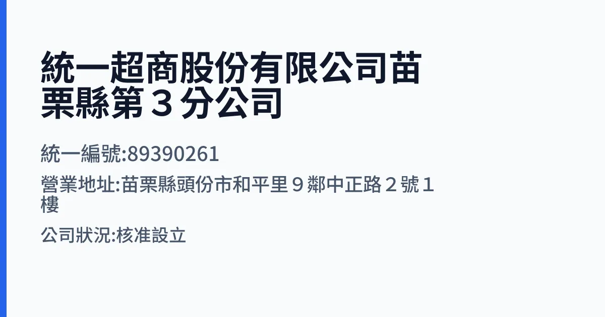 統一超商股份有限公司苗栗縣第3分公司 - 統編 89390261(苗栗縣) 公司登記資料與營業項目詳細圖表