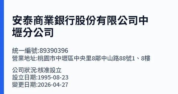 安泰商業銀行股份有限公司中壢分公司的照片-統編 89390396(桃園市) 公司登記資料與營業項目詳細圖表