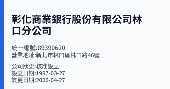 彰化商業銀行股份有限公司林口分公司的照片-統編 89390620(新北市) 公司登記資料與營業項目詳細圖表