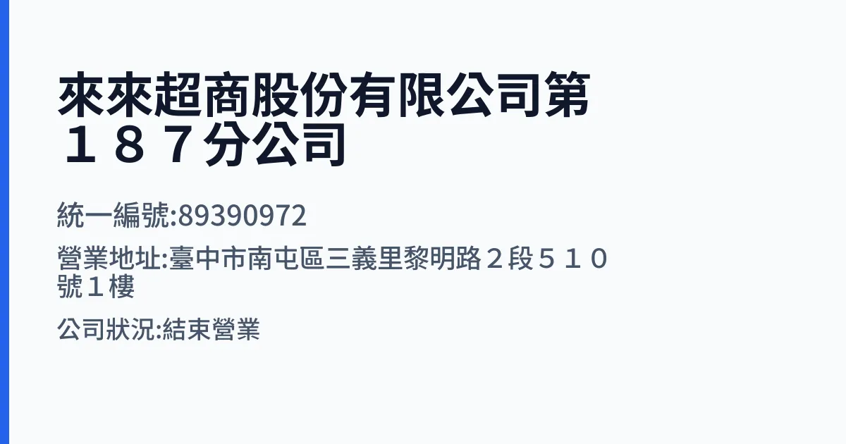 來來超商股份有限公司第187分公司 - 統編 89390972(臺中市) 公司登記資料與營業項目詳細圖表