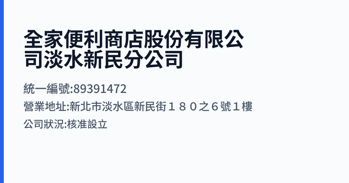 全家便利商店股份有限公司淡水新民分公司 - 統編 89391472(新北市) 公司登記資料與營業項目詳細圖表