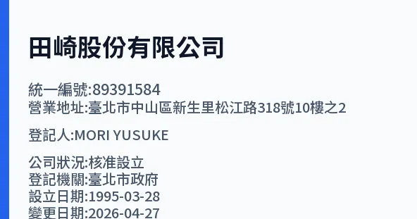 田崎股份有限公司的照片-統編 89391584(臺北市) 公司登記資料與營業項目詳細圖表