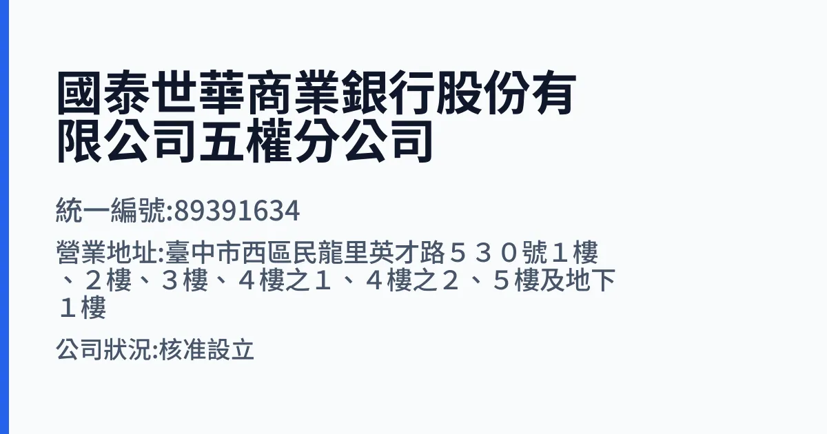 國泰世華商業銀行股份有限公司五權分公司 - 統編 89391634(臺中市) 公司登記資料與營業項目詳細圖表