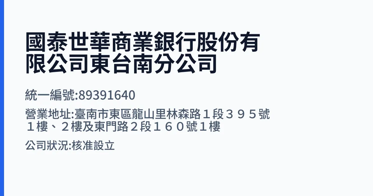 國泰世華商業銀行股份有限公司東台南分公司 - 統編 89391640(臺南市) 公司登記資料與營業項目詳細圖表