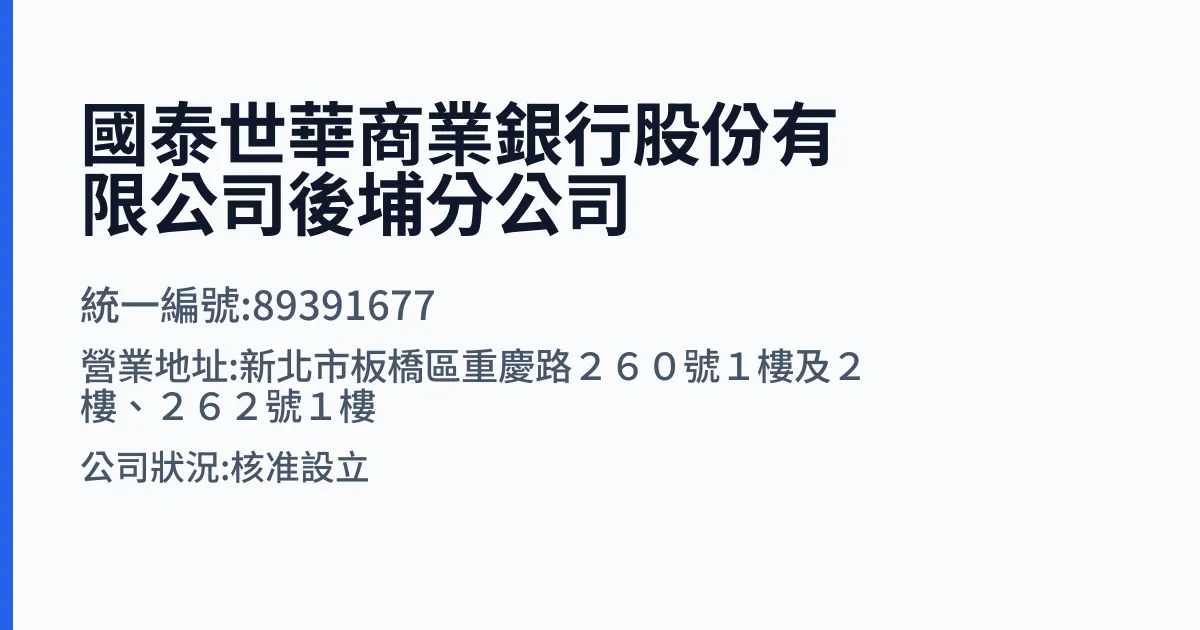 國泰世華商業銀行股份有限公司後埔分公司 - 統編 89391677(新北市) 公司登記資料與營業項目詳細圖表