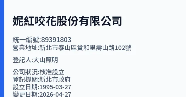 妮紅咬花股份有限公司的照片-統編 89391803(新北市) 公司登記資料與營業項目詳細圖表