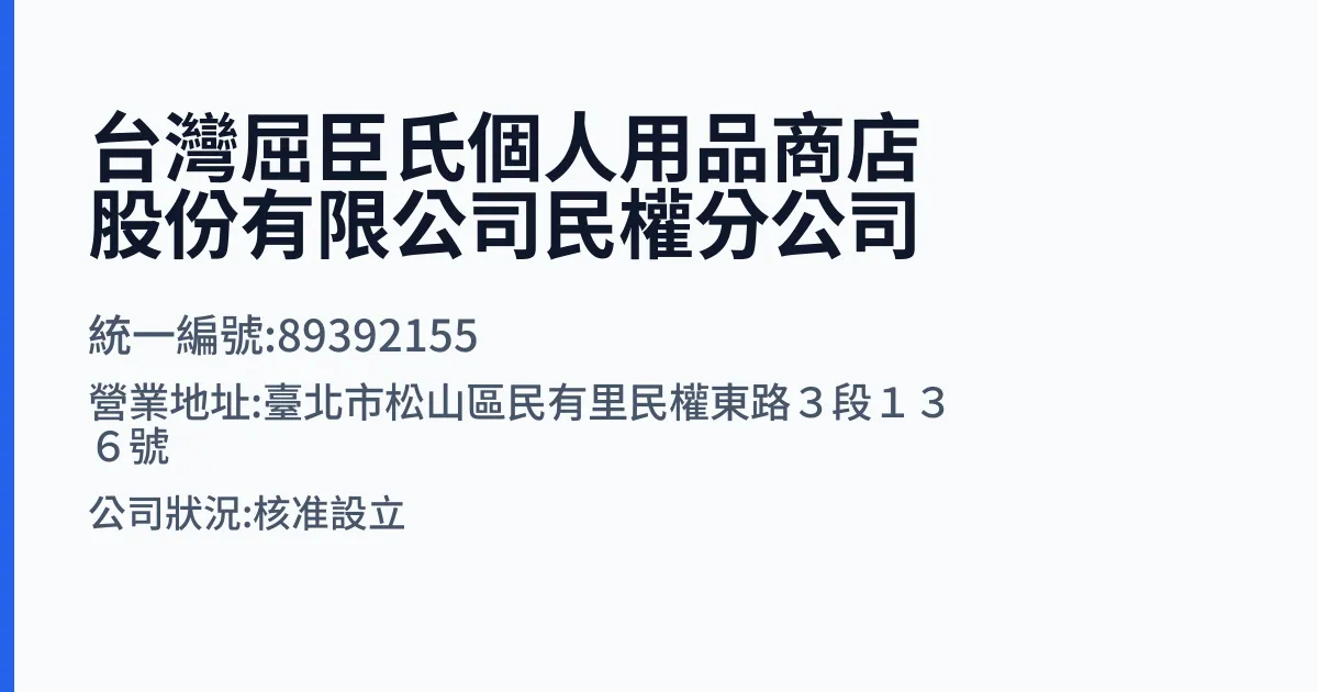 台灣屈臣氏個人用品商店股份有限公司民權分公司 - 統編 89392155(臺北市) 公司登記資料與營業項目詳細圖表