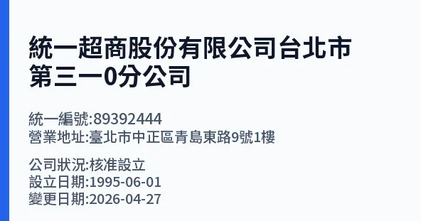 統一超商股份有限公司台北市第三一0分公司的照片-統編 89392444(臺北市) 公司登記資料與營業項目詳細圖表