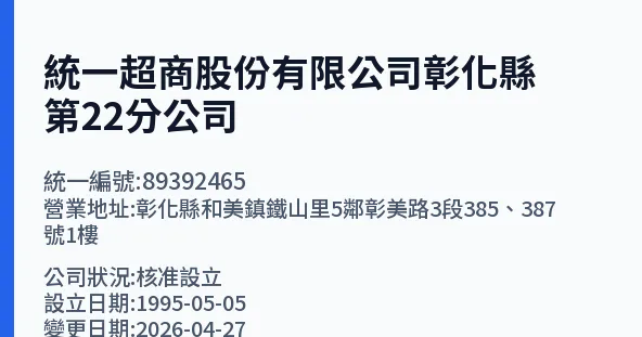 統一超商股份有限公司彰化縣第22分公司的照片-統編 89392465(彰化縣) 公司登記資料與營業項目詳細圖表