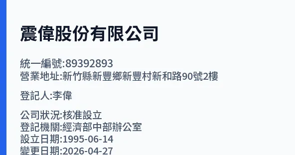 震偉股份有限公司的照片-統編 89392893(新竹縣) 公司登記資料與營業項目詳細圖表