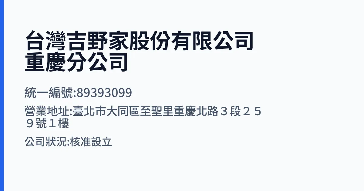 台灣吉野家股份有限公司重慶分公司 - 統編 89393099(臺北市) 公司登記資料與營業項目詳細圖表