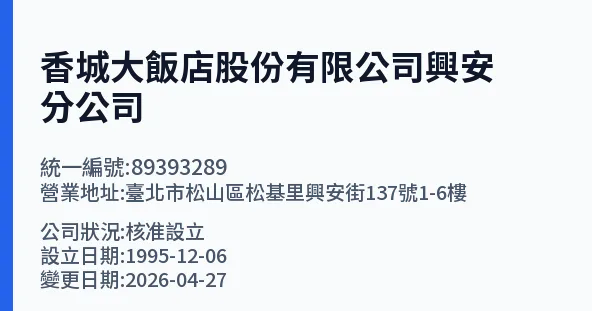 香城大飯店股份有限公司興安分公司的照片-統編 89393289(臺北市) 公司登記資料與營業項目詳細圖表
