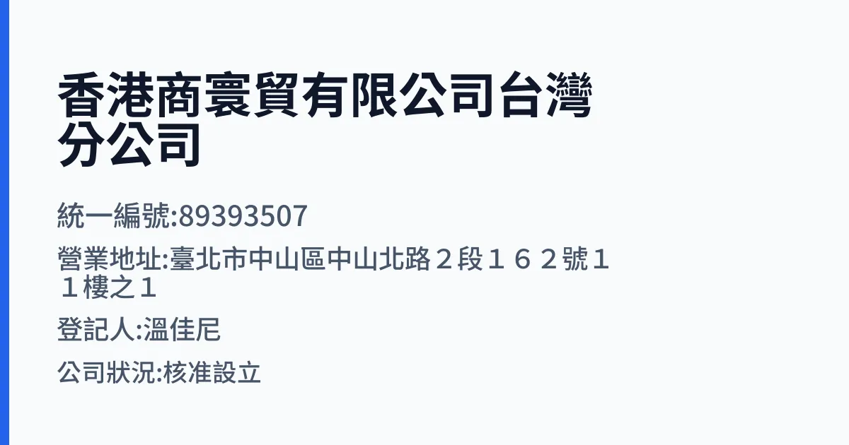 香港商寰貿有限公司台灣分公司 - 統編 89393507(臺北市) 公司登記資料與營業項目詳細圖表