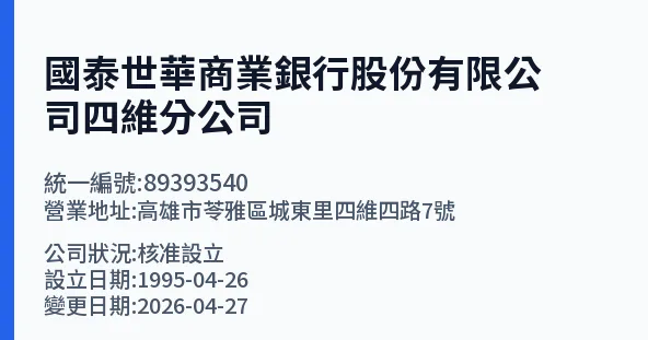 國泰世華商業銀行股份有限公司四維分公司的照片-統編 89393540(高雄市) 公司登記資料與營業項目詳細圖表