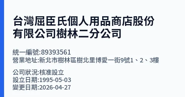 台灣屈臣氏個人用品商店股份有限公司樹林二分公司的照片-統編 89393561(新北市) 公司登記資料與營業項目詳細圖表