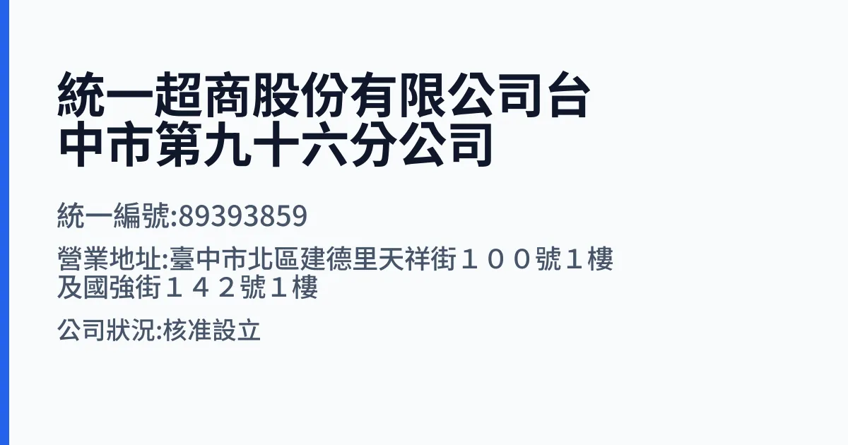統一超商股份有限公司台中市第九十六分公司 - 統編 89393859(臺中市) 公司登記資料與營業項目詳細圖表