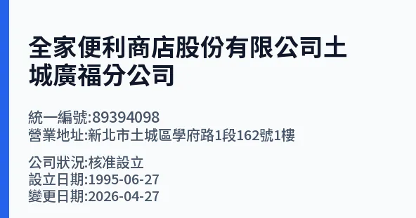 全家便利商店股份有限公司土城廣福分公司的照片-統編 89394098(新北市) 公司登記資料與營業項目詳細圖表