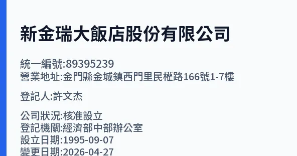 新金瑞大飯店股份有限公司的照片-統編 89395239(金門縣) 公司登記資料與營業項目詳細圖表