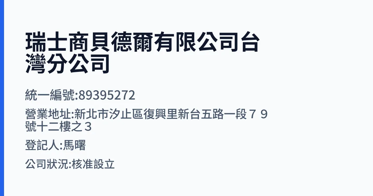 瑞士商貝德爾有限公司台灣分公司 - 統編 89395272(新北市) 公司登記資料與營業項目詳細圖表