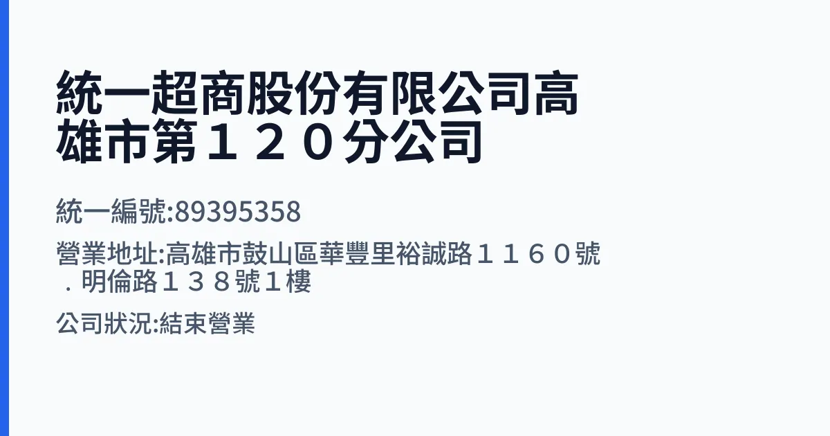 統一超商股份有限公司高雄市第120分公司 - 統編 89395358(高雄市) 公司登記資料與營業項目詳細圖表