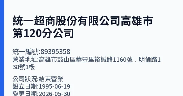 統一超商股份有限公司高雄市第120分公司的照片-統編 89395358(高雄市) 公司登記資料與營業項目詳細圖表