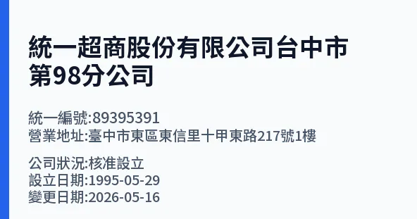 統一超商股份有限公司台中市第98分公司的照片-統編 89395391(臺中市) 公司登記資料與營業項目詳細圖表