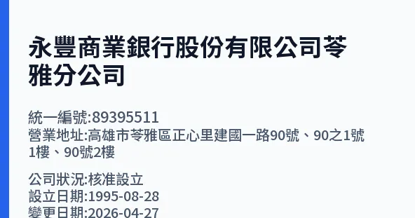 永豐商業銀行股份有限公司苓雅分公司的照片-統編 89395511(高雄市) 公司登記資料與營業項目詳細圖表