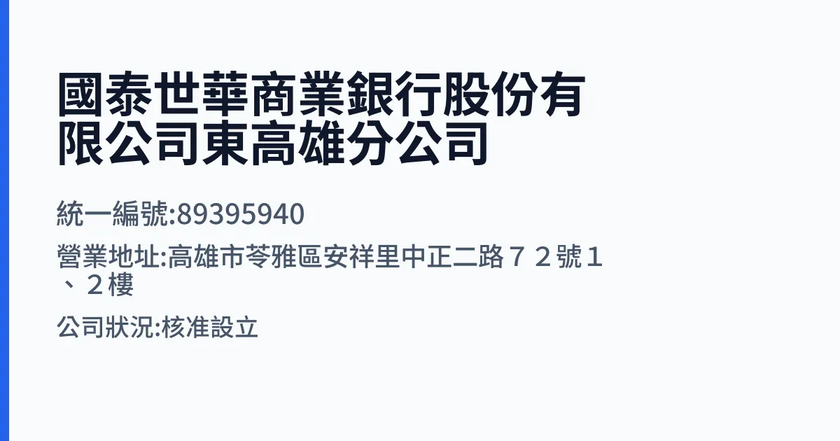 國泰世華商業銀行股份有限公司東高雄分公司 - 統編 89395940(高雄市) 公司登記資料與營業項目詳細圖表
